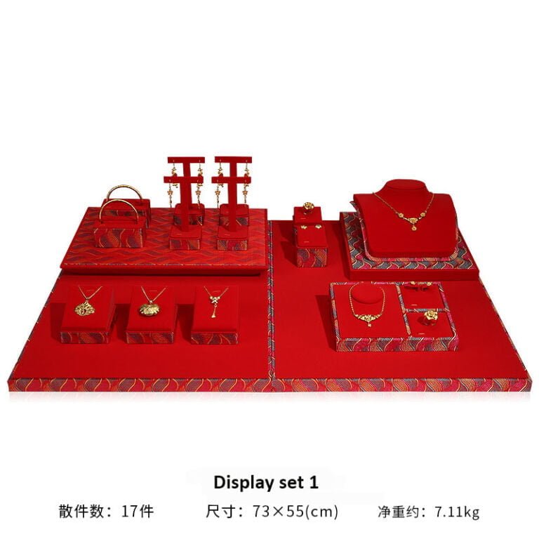 Jewelry Display Set Stand Red & Velvet Leather/Satin DS065 - Barak Trading
