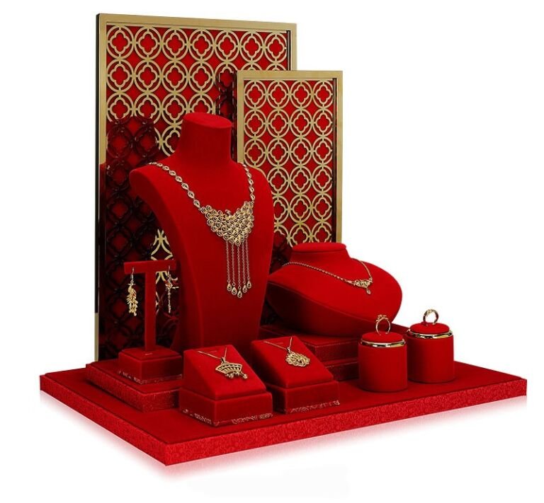 Jewelry Display Set Stand Red & Velvet/Satin DS066 - Barak Trading